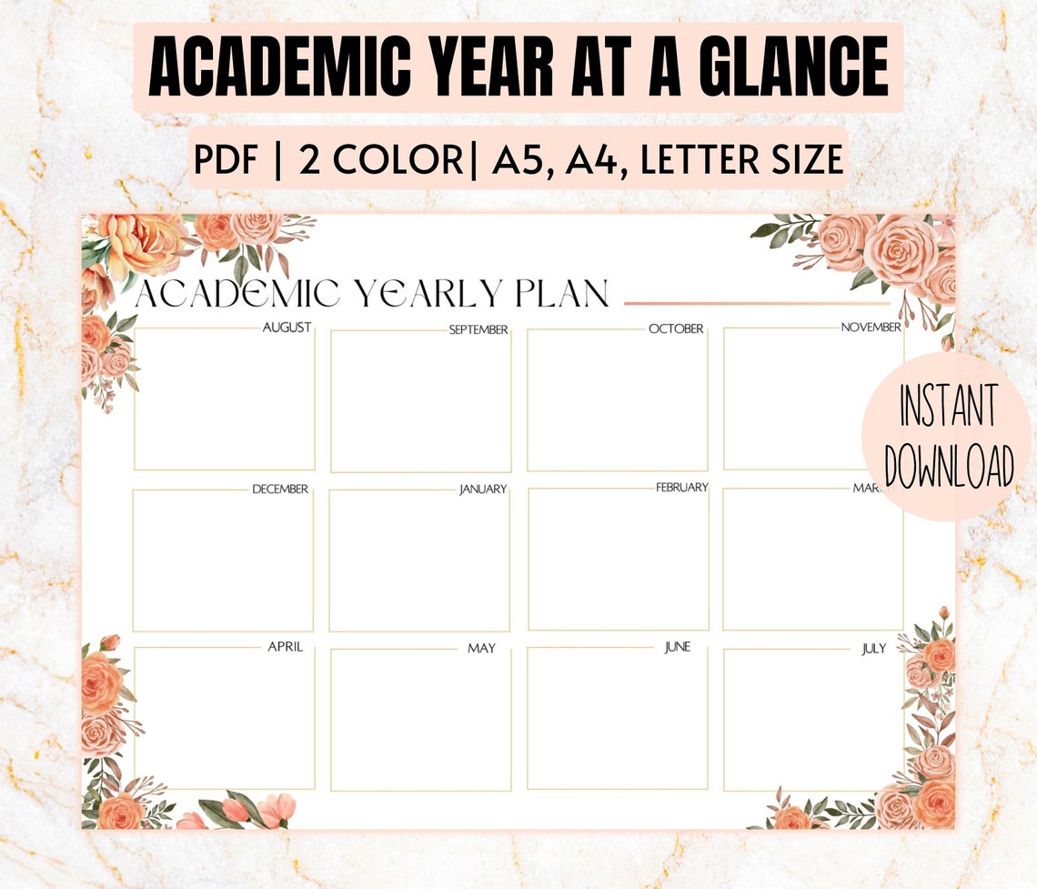 Academic Year at A Glance Planner Printable, Yearly Planner Printable ...