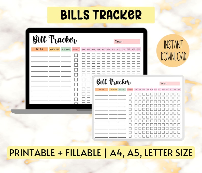 Bill Tracker Landscape, Yearly Bill Pay Tracker, Yearly Bill Tracker ...