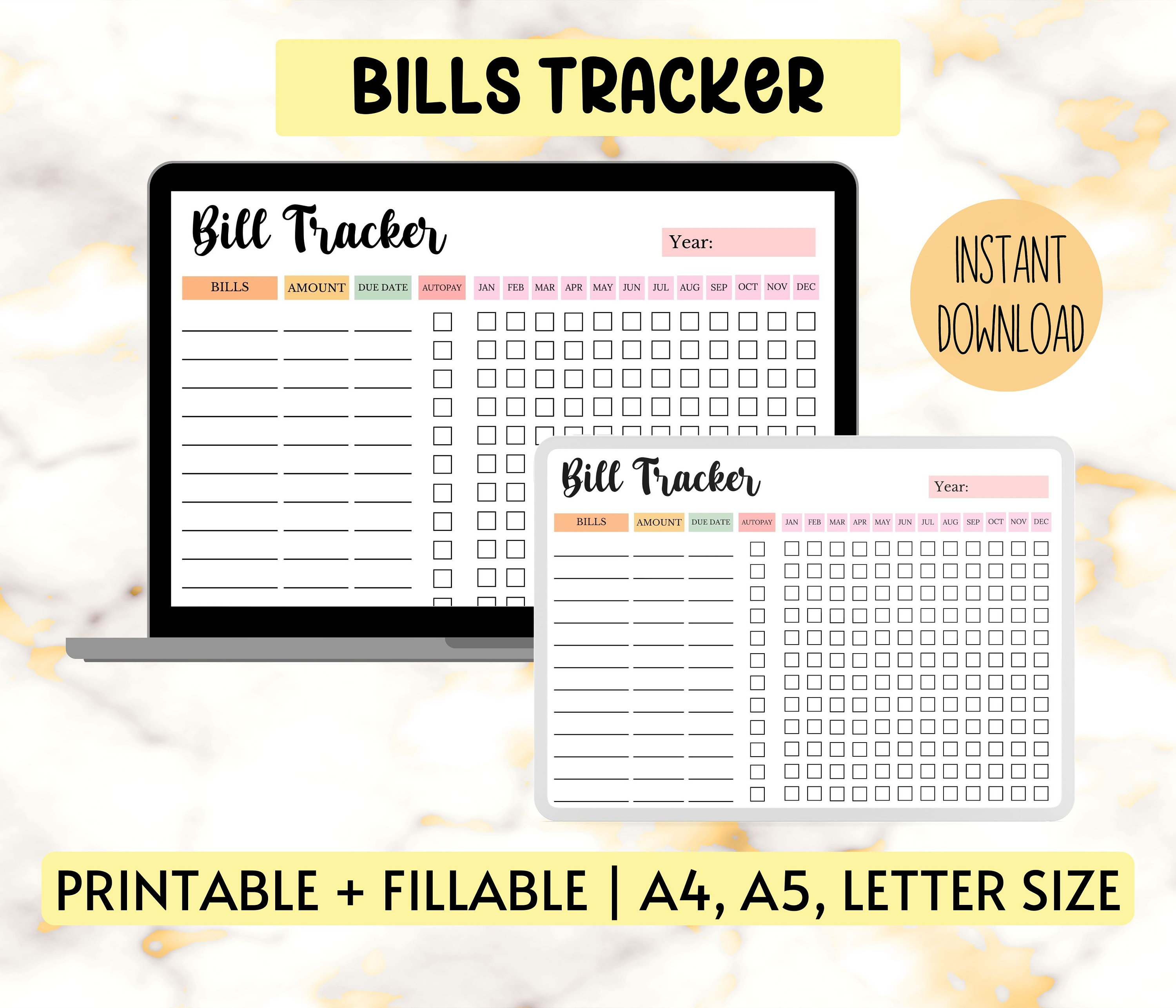 Bill Tracker Landscape, Yearly Bill Pay Tracker, Yearly Bill Tracker ...