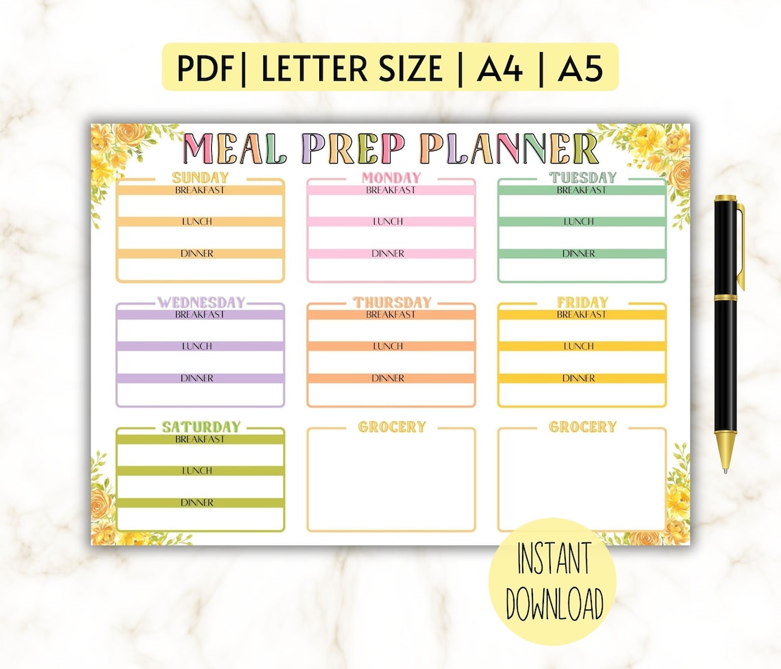 Meal Prep Planner Printable, Food Planner at A Glance, Meal Plan ...