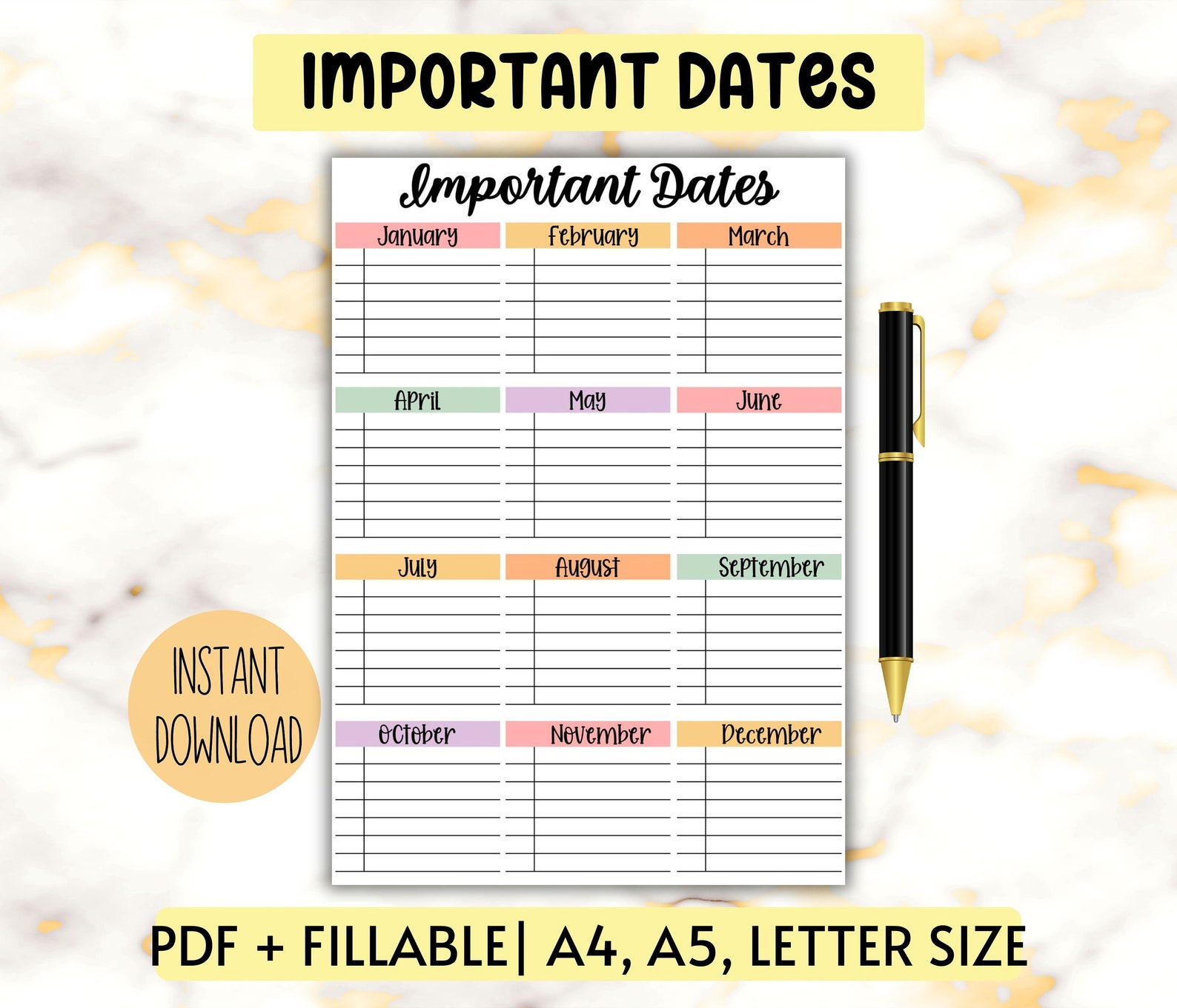 Important Dates Tracker, Fillable Important Dates List,editable ...