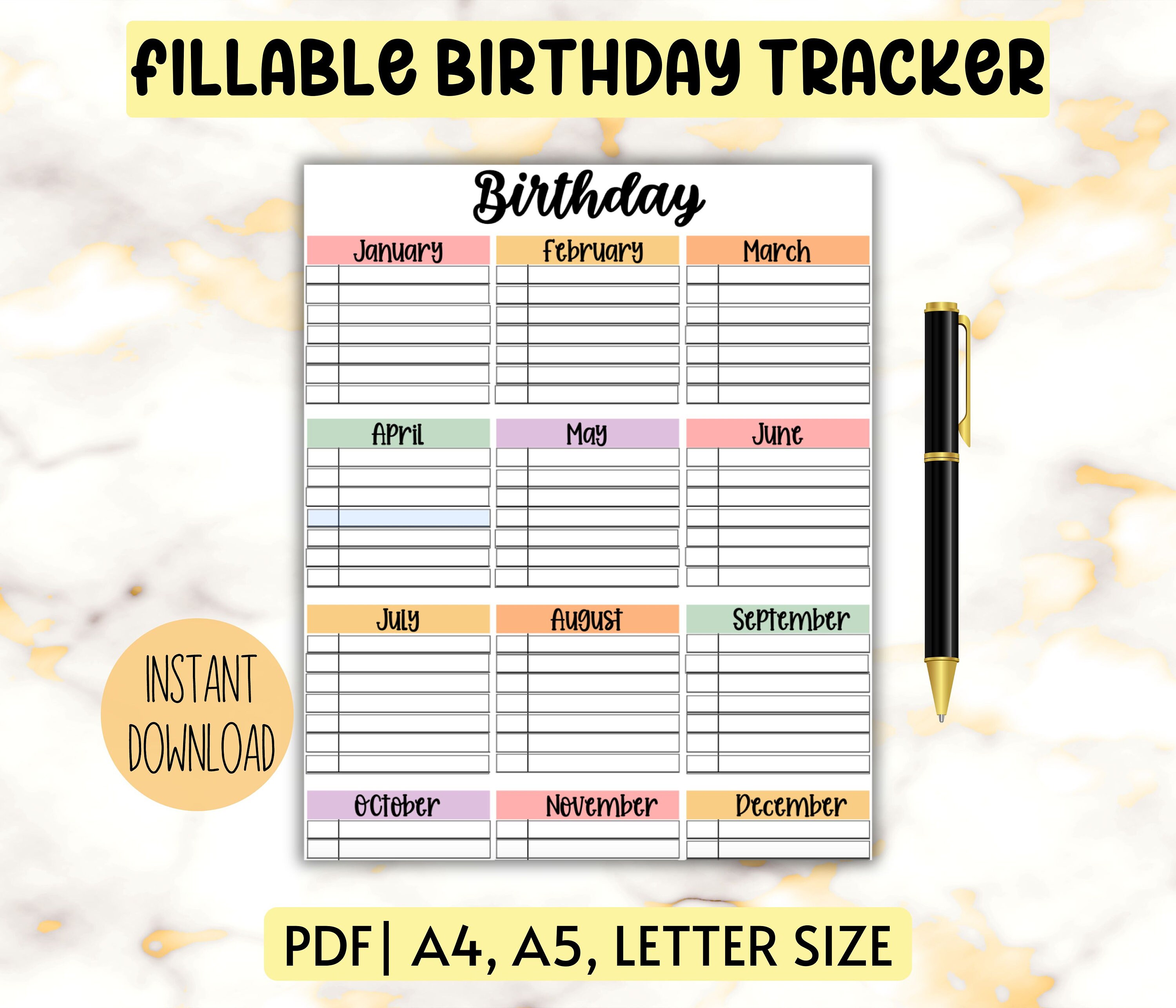 Birthday Tracker, Fillable Birthday List, Editable Birthday Printable ...