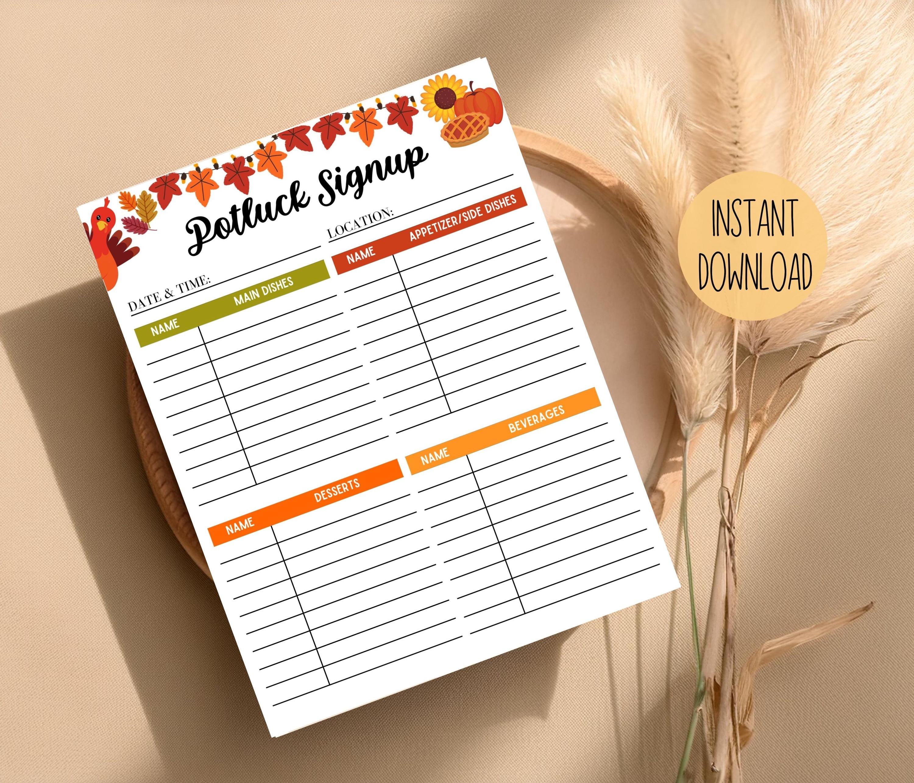 Potluck Signup Template, Thanksgiving Signup Potluck Printable ...
