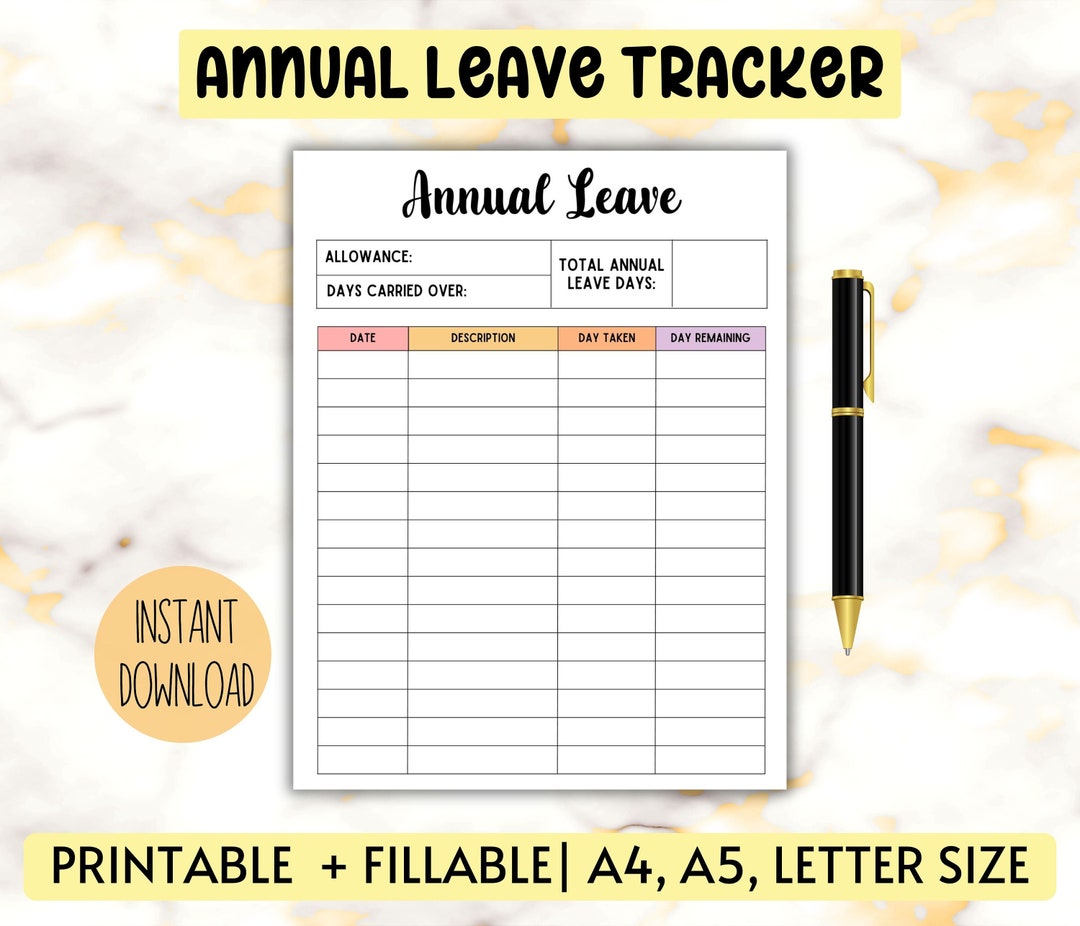 Annual Leave Tracker, PTO Tracker, Work Holiday Tracker, Work Vacation ...