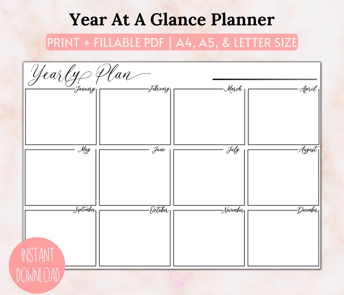 Year at A Glance Planner Printable, Yearly Plan Template, Productivity ...