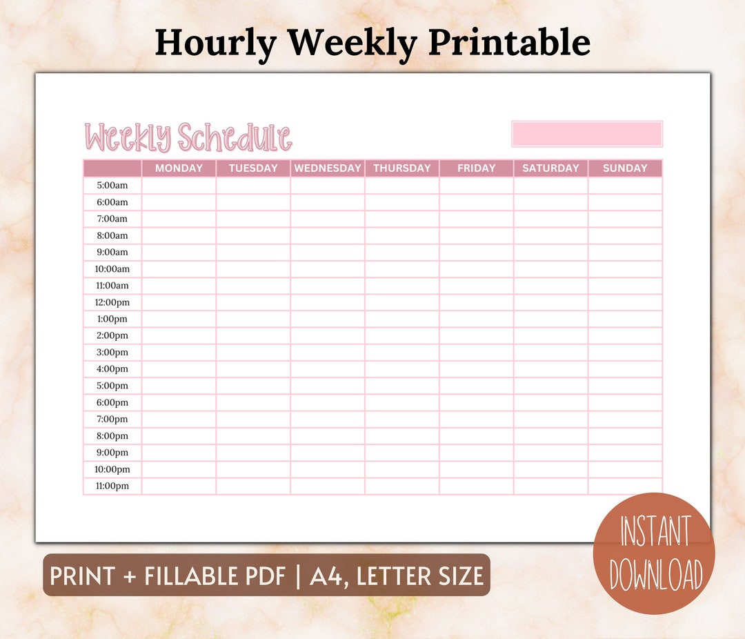Hourly Weekly Printable, Weekly Template, Productivity Planner, Hourly ...