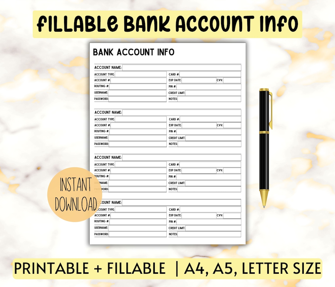 Bank Account Information Tracker, Bank Account Log Printable, Bank ...