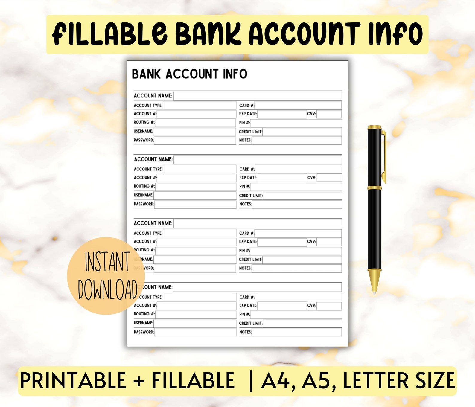 Bank Account Information Tracker, Bank Account Log Printable, Bank ...