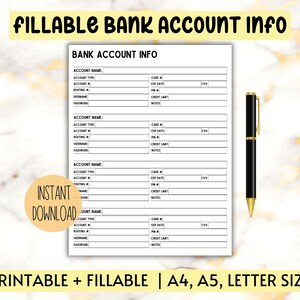 Bank Account Information Tracker, Bank Account Log Printable, Bank ...