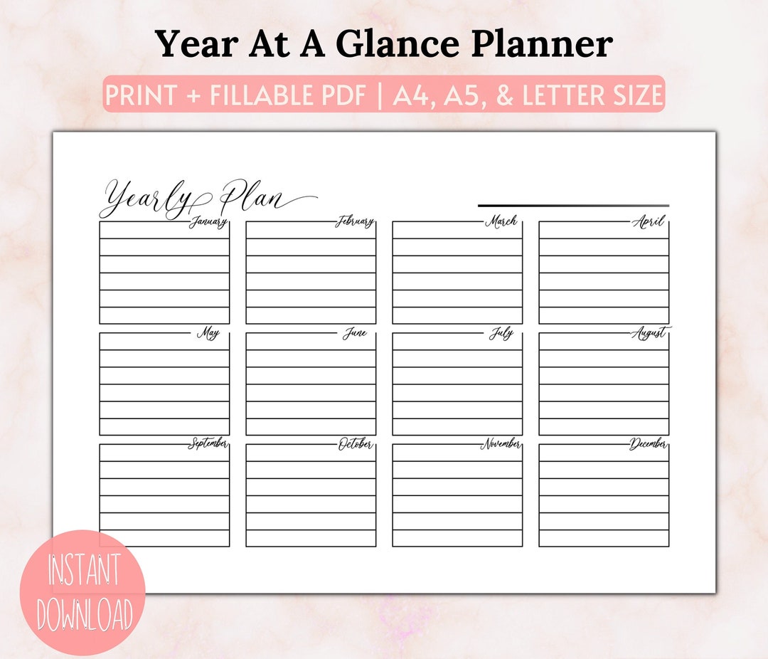 Year at A Glance Planner Printable, Yearly Plan Template, Productivity ...