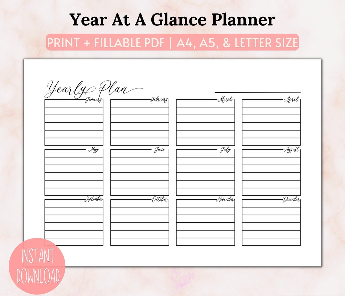 Year at A Glance Planner Printable, Yearly Plan Template, Productivity ...