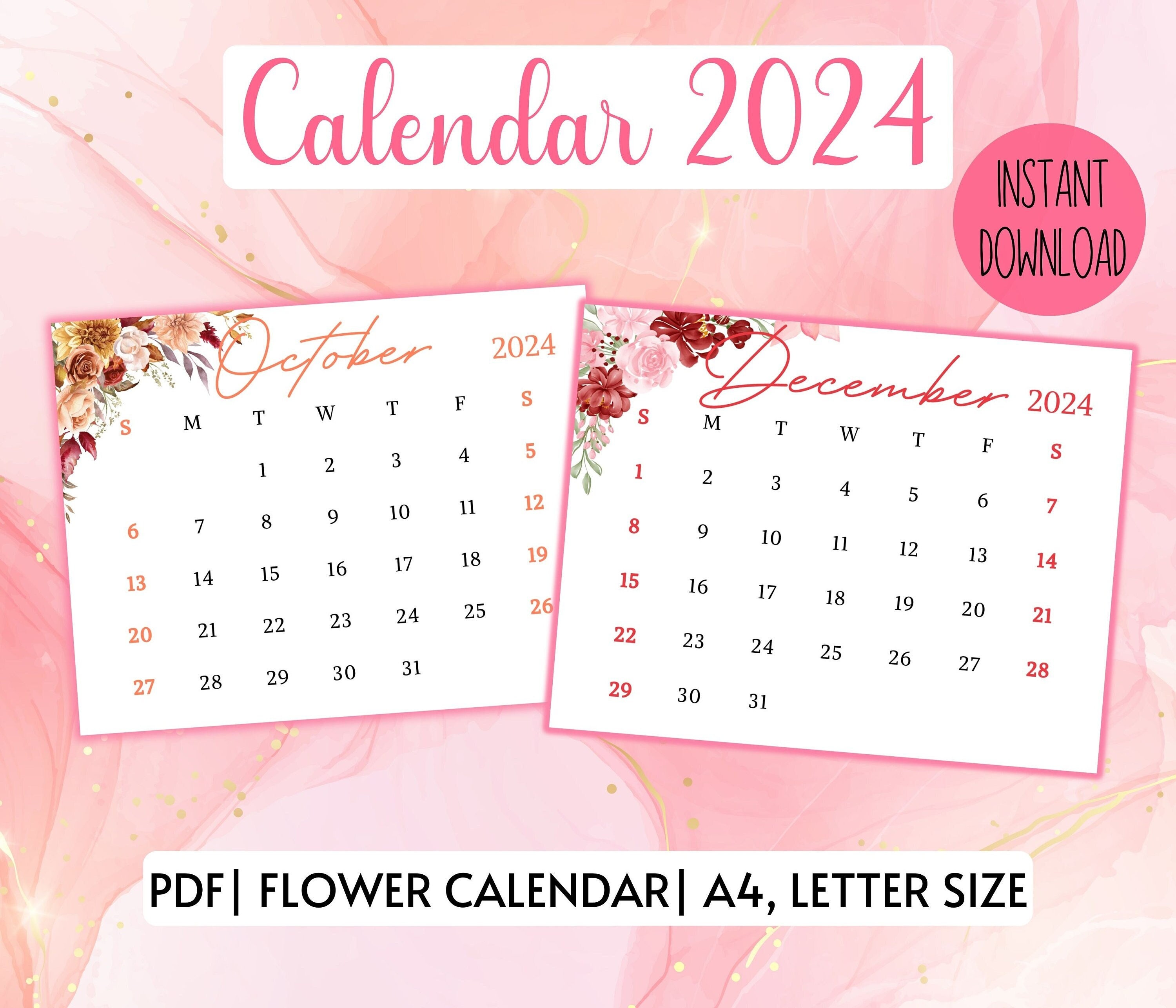 Floral Calendar 2024 Monthly 2024 Calendar 2024 Calendar A4 - Etsy