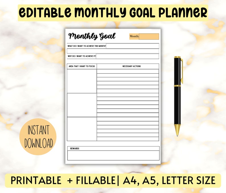 Monthly Goal Planner Printable, Monthly Productivity Planner, Goal ...