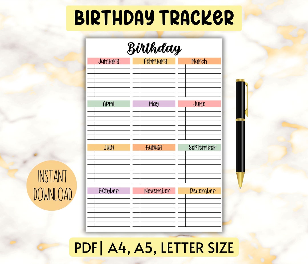 Birthday Tracker, Fillable Birthday List, Editable Birthday Printable ...