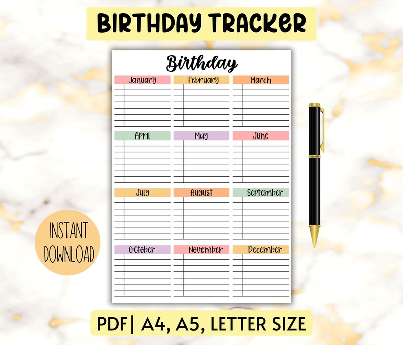 Birthday Tracker, Fillable Birthday List, Editable Birthday Printable ...