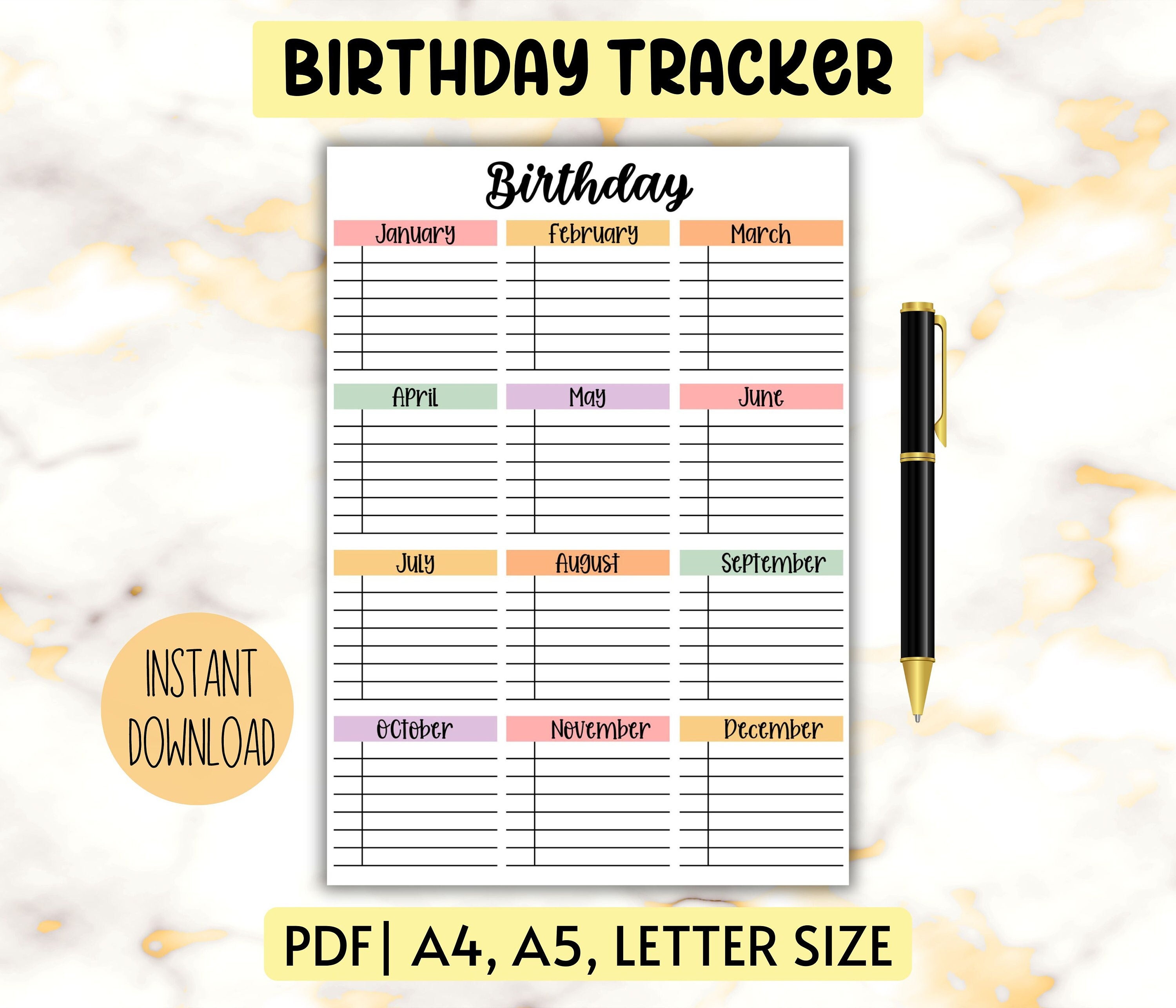 Birthday Tracker, Fillable Birthday List, Editable Birthday Printable ...