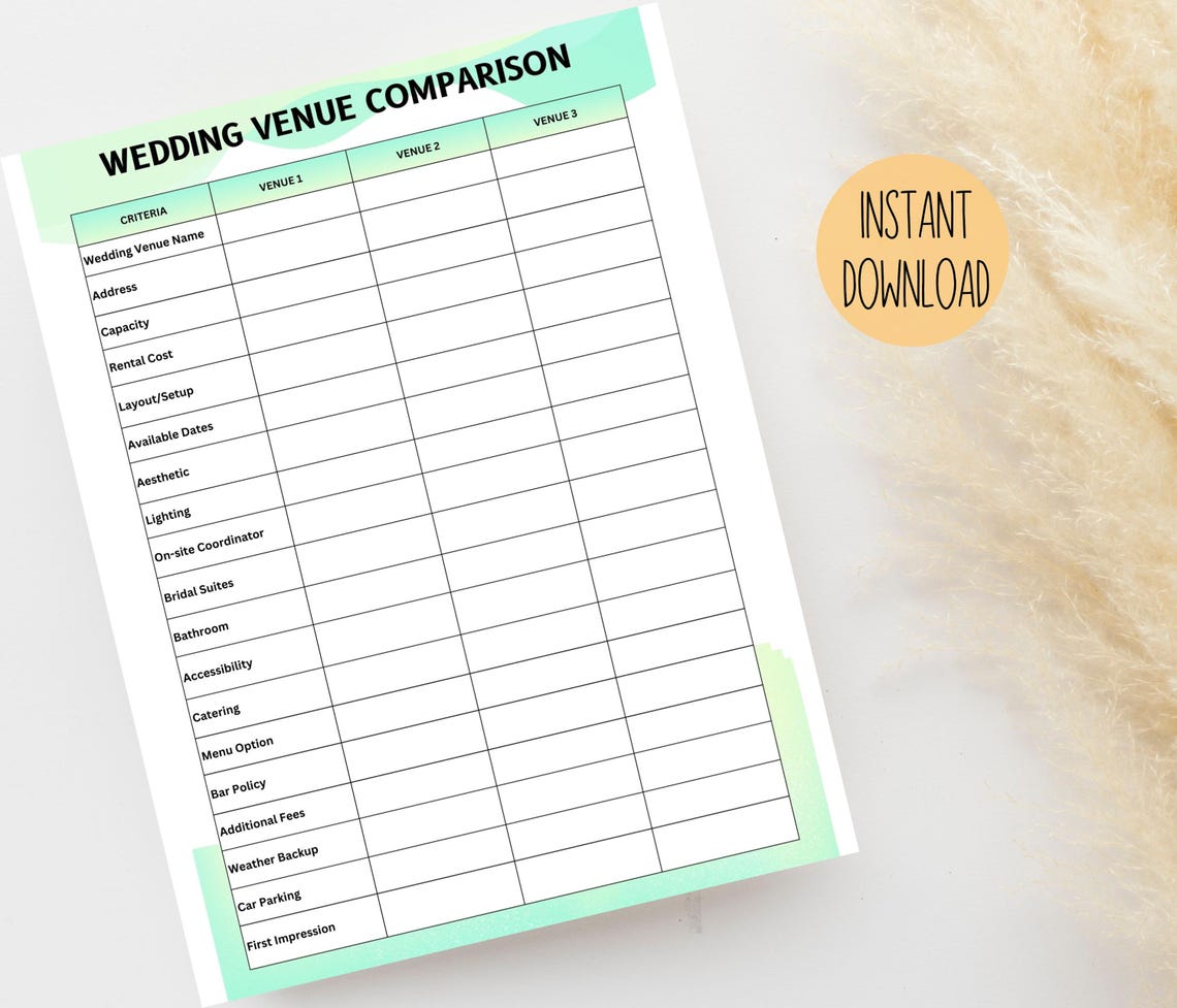 Wedding Venue Comparison Template, Wedding Venue Checklist, Wedding to ...