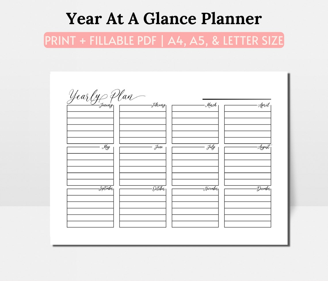 Year at A Glance Planner Printable, Yearly Plan Template, Productivity ...