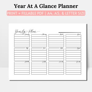 Year at A Glance Planner Printable, Yearly Plan Template, Productivity ...