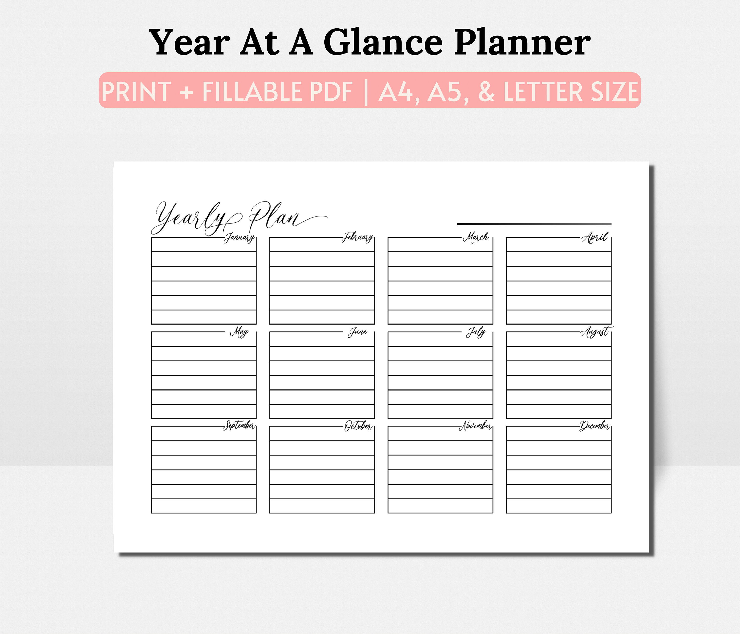 Year at A Glance Planner Printable, Yearly Plan Template, Productivity ...