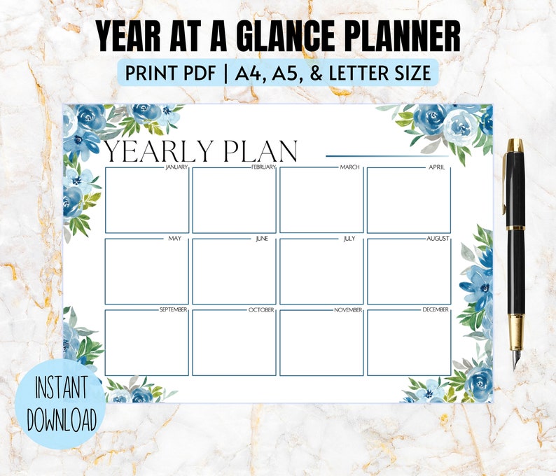 Year at A Glance Planner Printable, Yearly Planner Printable, Yearly ...