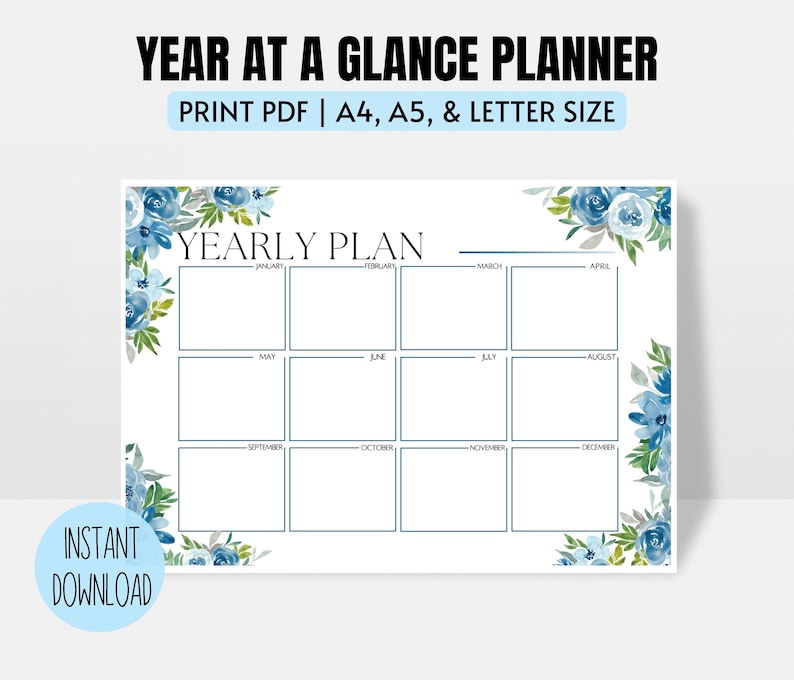 Year at A Glance Planner Printable, Yearly Planner Printable, Yearly ...