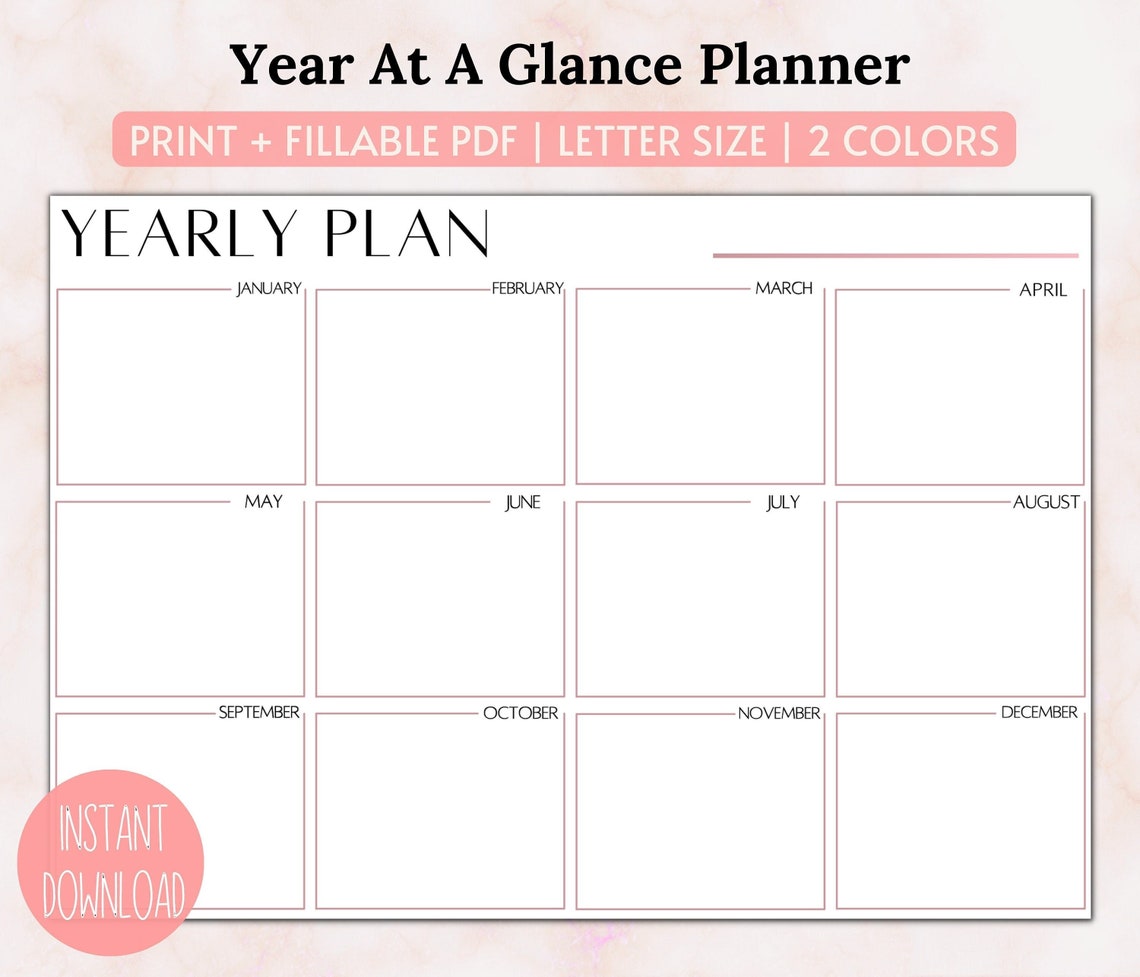 Year at A Glance Planner Printable, Yearly Plan Template, Productivity ...