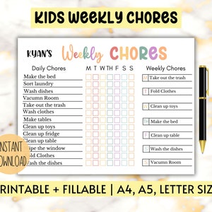 Weekly Chore Chart for Kids, Editable Kid Chore Chart, Printable Chore ...