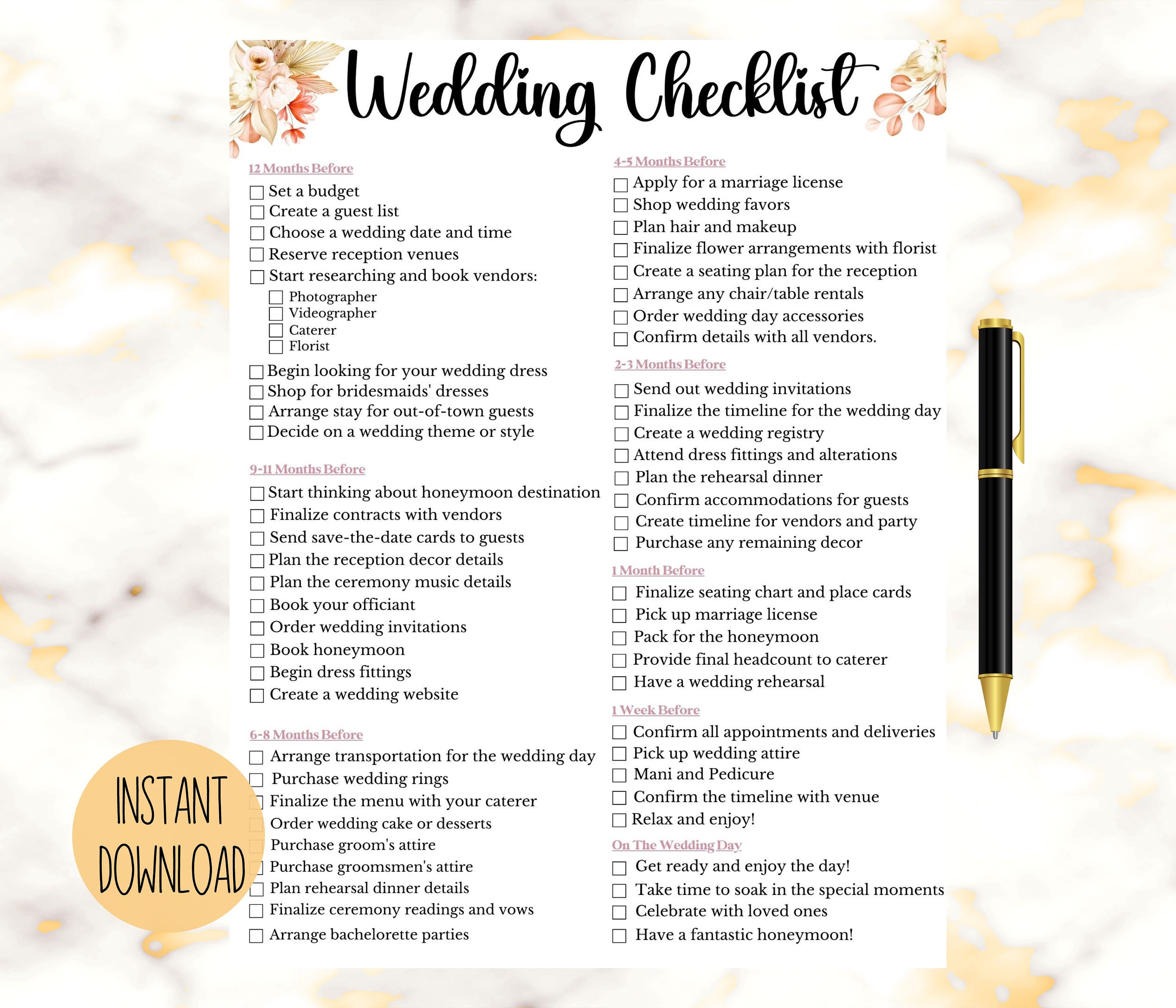 12 Months Wedding Checklist Template Wedding Plan Checklist Wedding to Do List Wedding Planner Organizer Wedding Planner Wedding Day Etsy