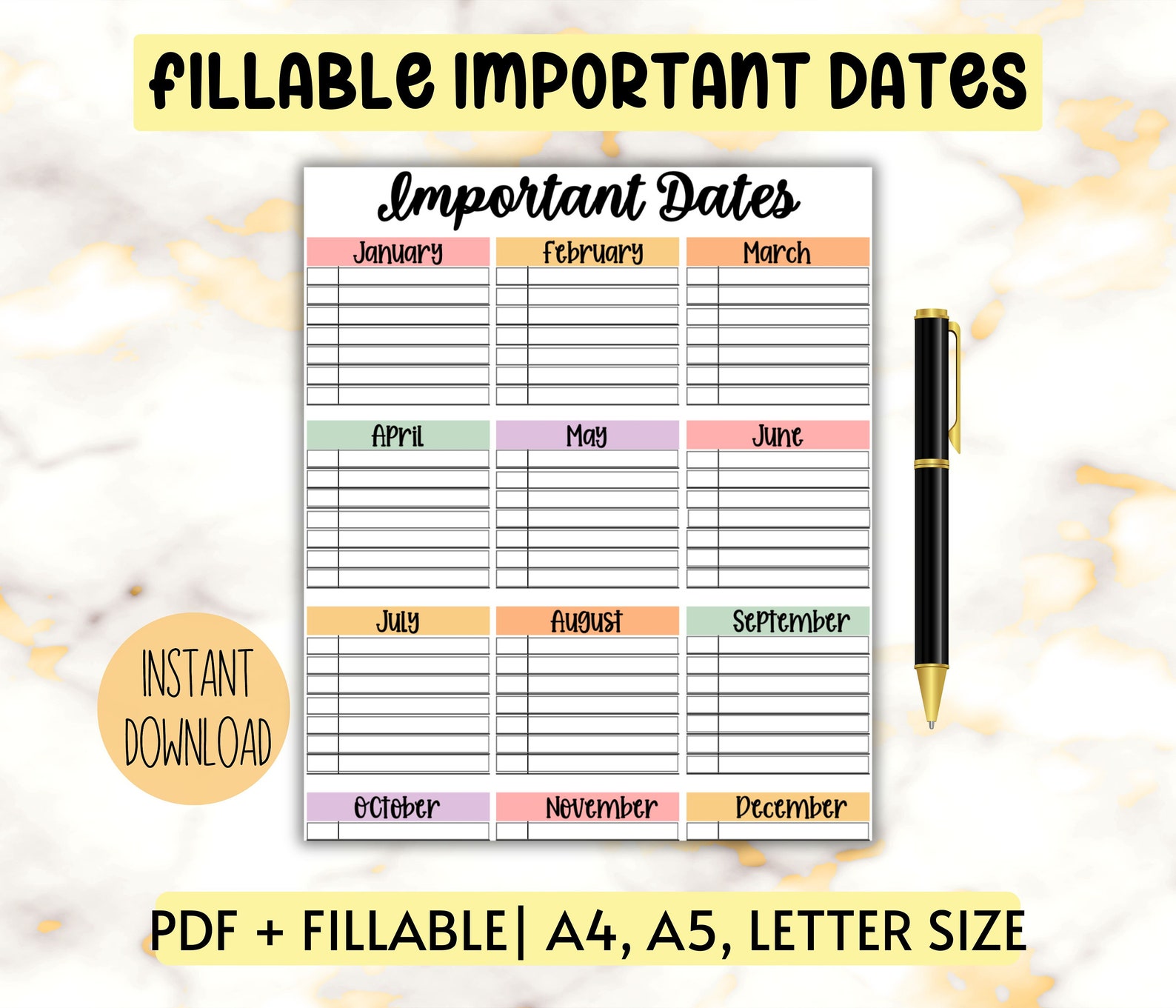 Important Dates Tracker, Fillable Important Dates List,editable ...