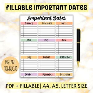Important Dates Tracker, Fillable Important Dates List,editable ...