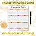 Important Dates Tracker, Fillable Important Dates List,editable ...