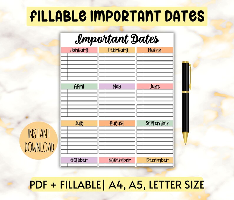 Important Dates Tracker, Fillable Important Dates List,editable ...