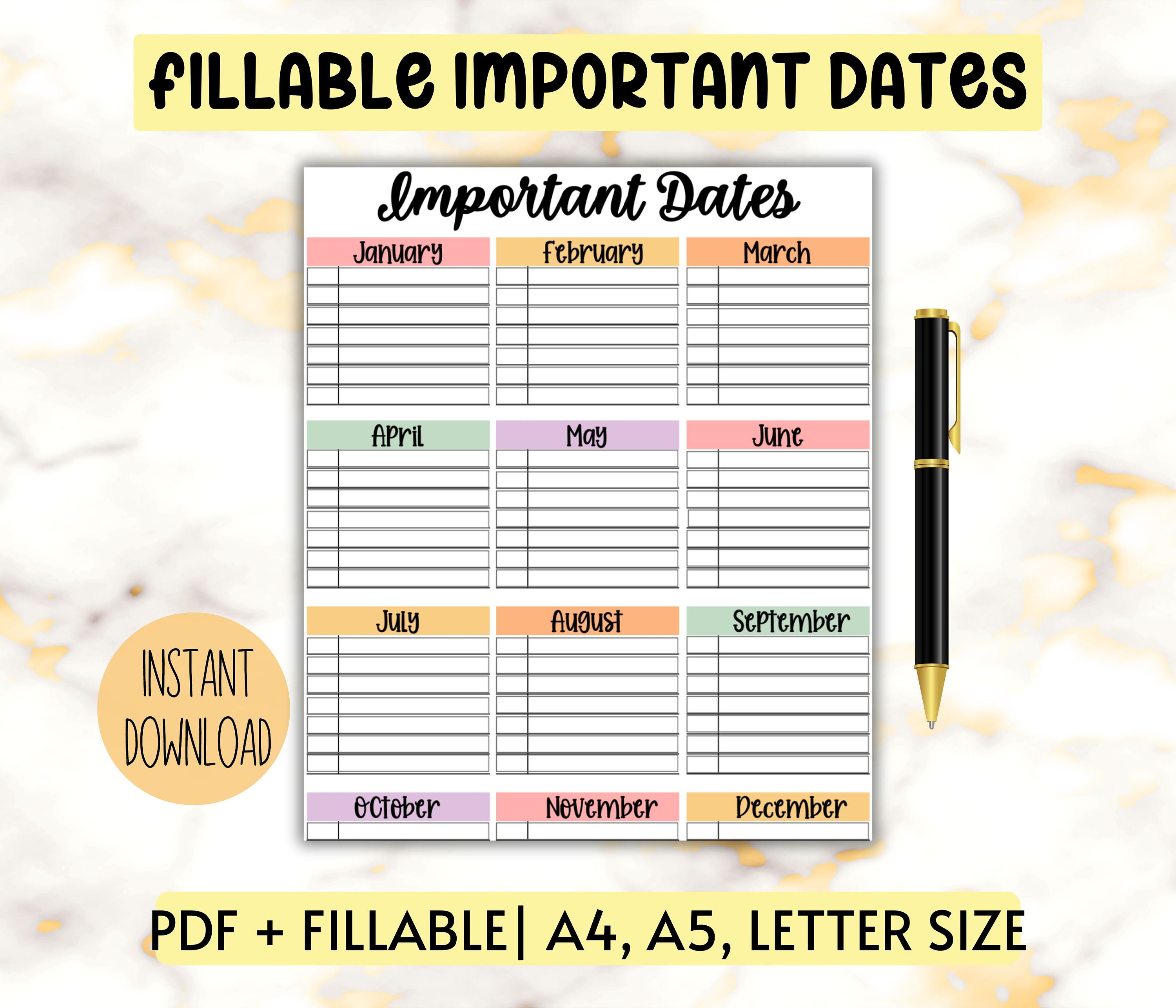 Important Dates Tracker, Fillable Important Dates List,editable ...