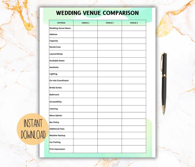 Wedding Venue Comparison Template, Wedding Venue Checklist, Wedding to ...