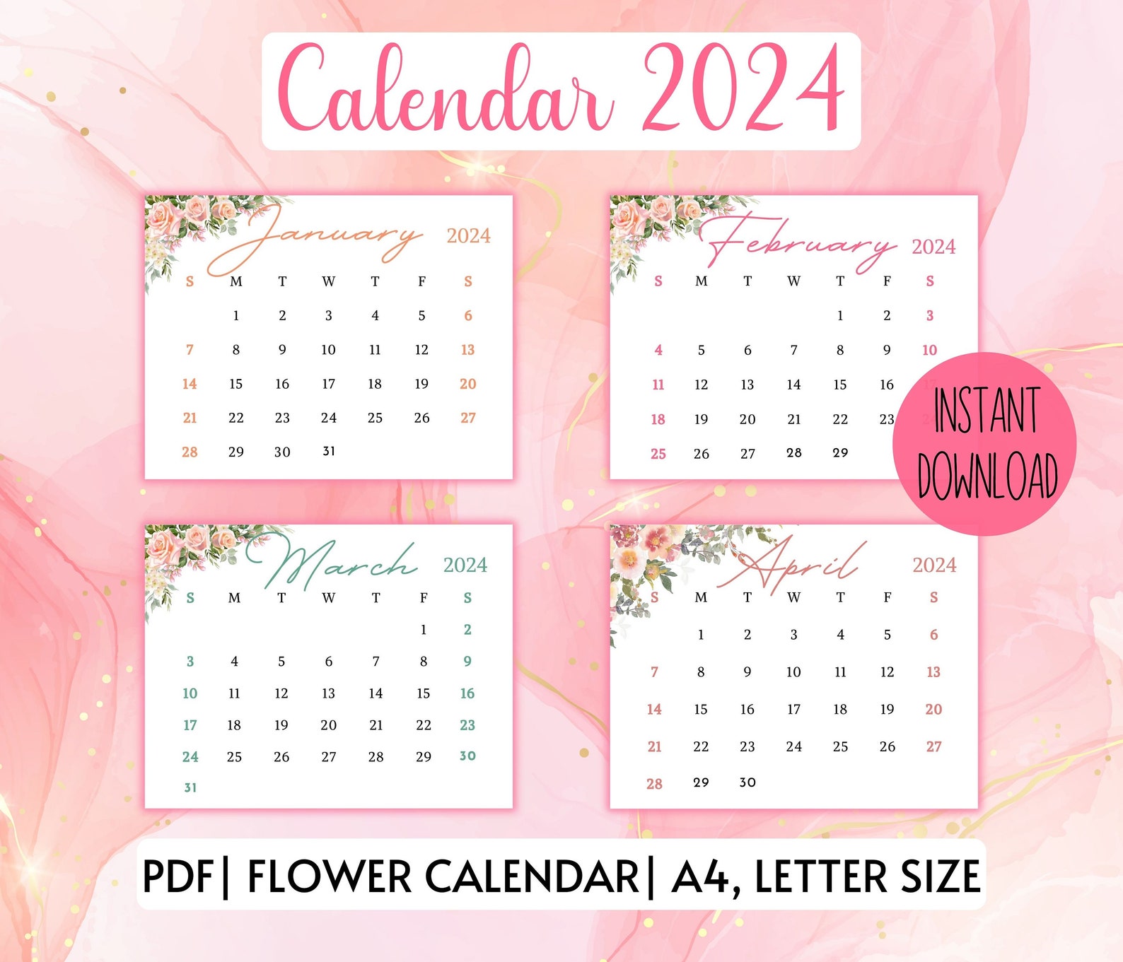 Floral Calendar 2024 Monthly 2024 Calendar 2024 Calendar A4 - Etsy