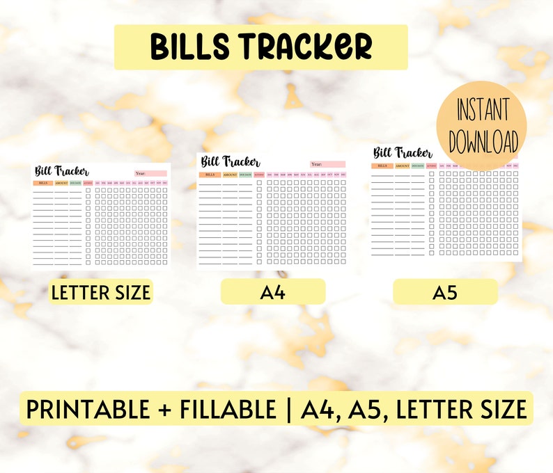 Bill Tracker Landscape, Yearly Bill Pay Tracker, Yearly Bill Tracker ...