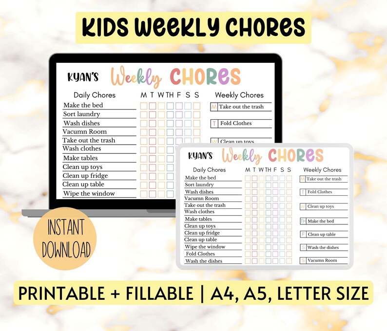 Weekly Chore Chart for Kids, Editable Kid Chore Chart, Printable Chore ...