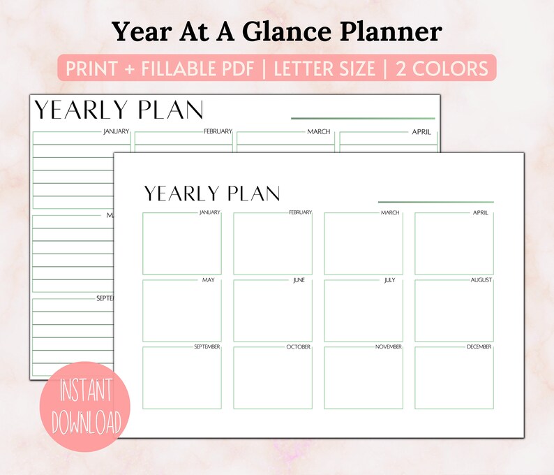Year at A Glance Planner Printable, Yearly Plan Template, Productivity ...