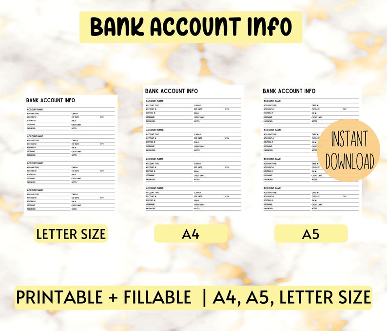 Bank Account Information Tracker, Bank Account Log Printable, Bank ...