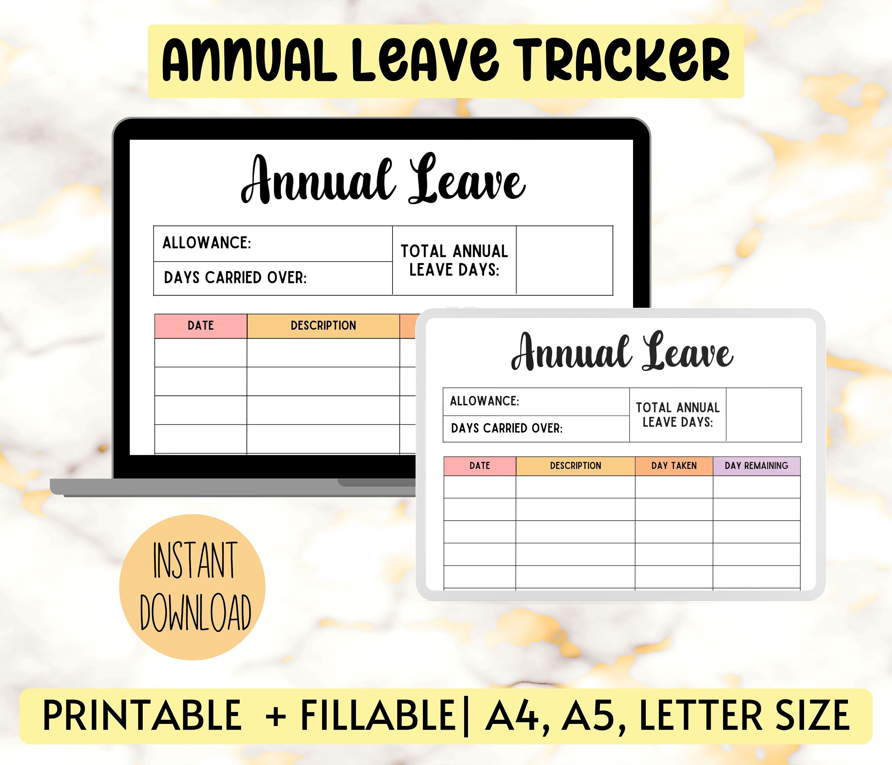 Annual Leave Tracker, PTO Tracker, Work Holiday Tracker, Work Vacation ...