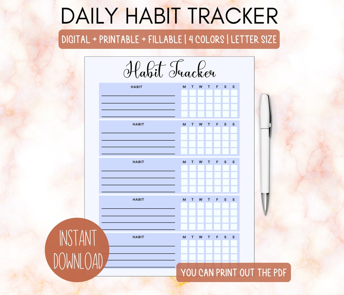 Daily Habit Tracker Digital, Habit Tracker Printable, Fillable PDF ...