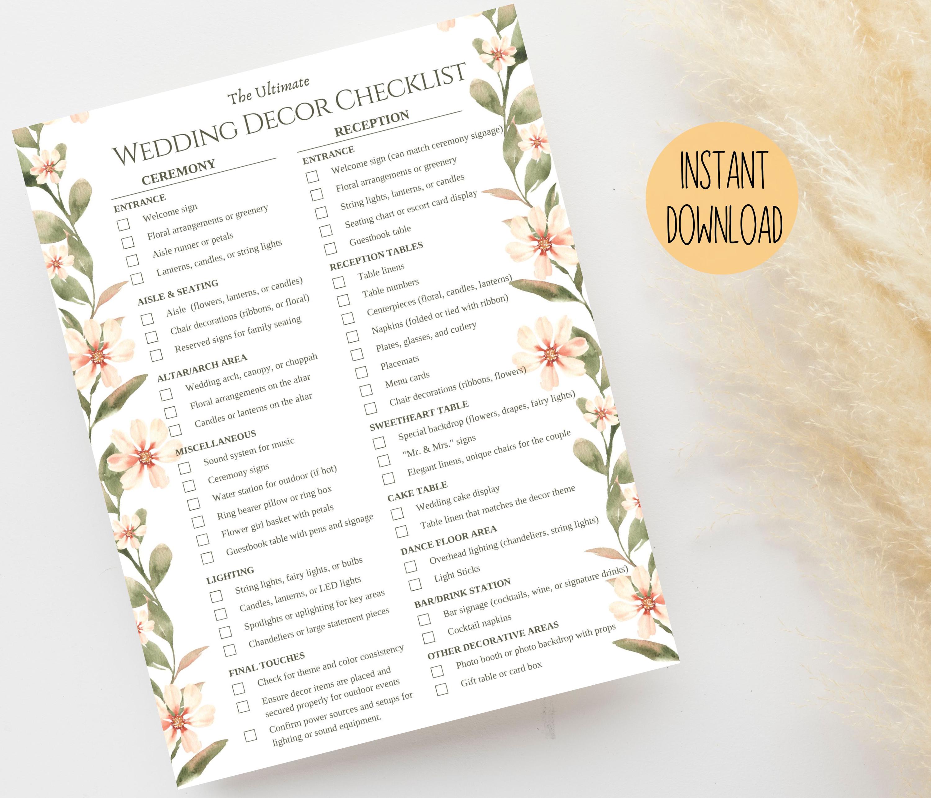 Wedding Decor Checklist Template, Wedding Decor Plan Checklist ...