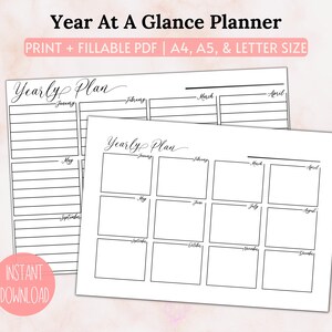 Year at A Glance Planner Printable, Yearly Plan Template, Productivity ...