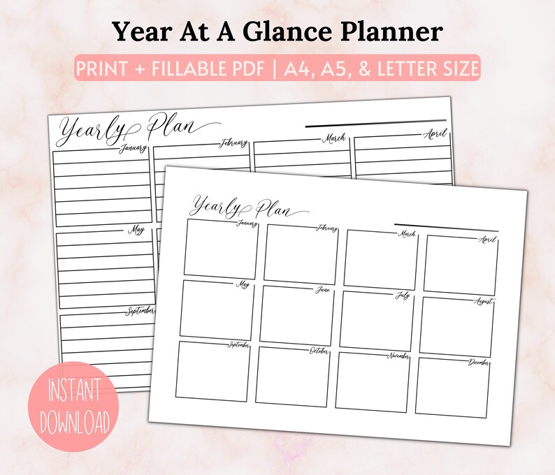 Year at A Glance Planner Printable, Yearly Plan Template, Productivity ...