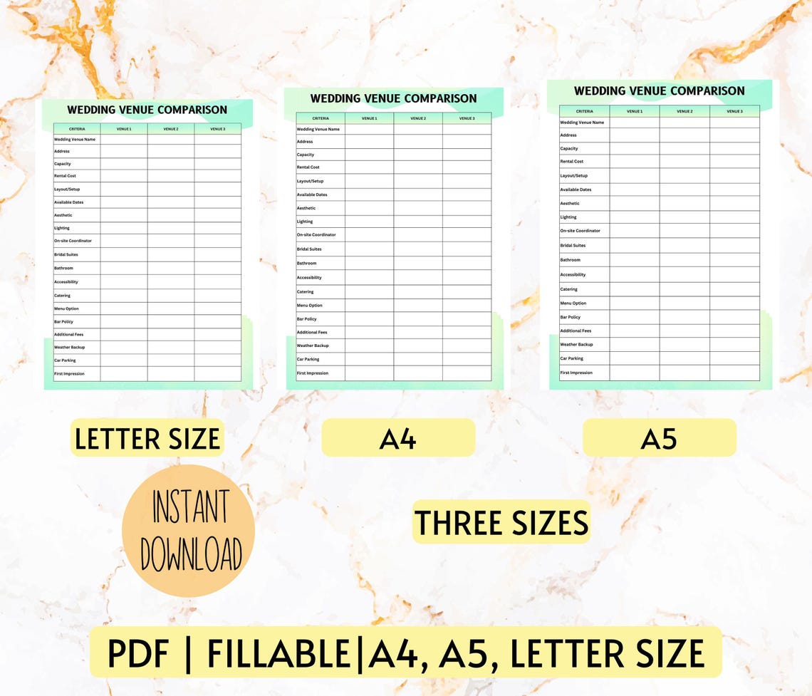 Wedding Venue Comparison Template, Wedding Venue Checklist, Wedding to ...