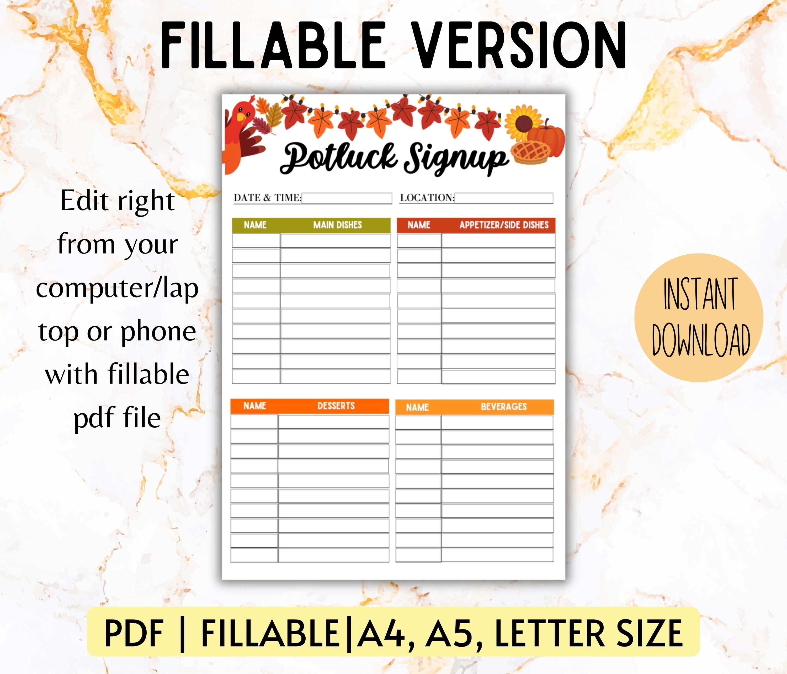 Potluck Signup Template, Thanksgiving Signup Potluck Printable ...