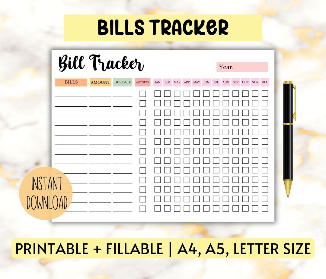 Bill Tracker Landscape, Yearly Bill Pay Tracker, Yearly Bill Tracker ...