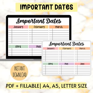 Important Dates Tracker, Fillable Important Dates List,editable ...