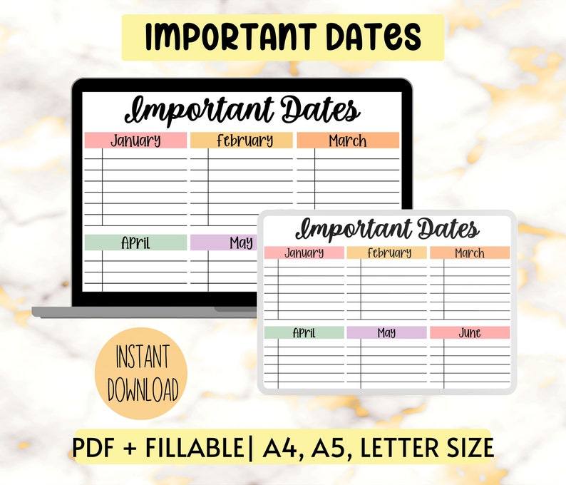 Important Dates Tracker, Fillable Important Dates List,editable ...